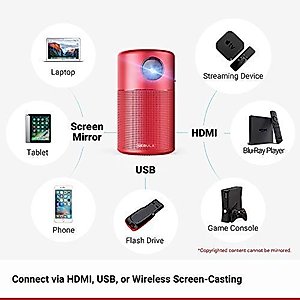 Anker Nebula Capsule Smart Wi-Fi Mini Projector，Red, 100 ANSI Lumen Portable Projector，with Capsule Series Adjustable Tripod Stand