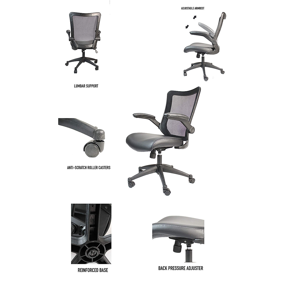 OFFICE FACTOR Office Chair 300Lbs Weight Capacity Flip-up arms Anti-Scratch Wheels Mesh Back and Faux Leather Seat Lumbar Support Computer Ergonomic Task Desk Chair (Black Desk Chair)