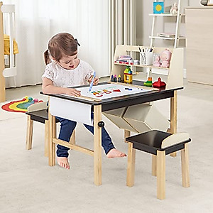 Costzon Kids Art Table and Chair Set, Wooden Drawing Painting Craft Center with Paper Roll, 2 Markers, 2 Storage Bins, Kids Activity Play Table with 2 Stools for Boys Girls Ages 3+ (Brown)