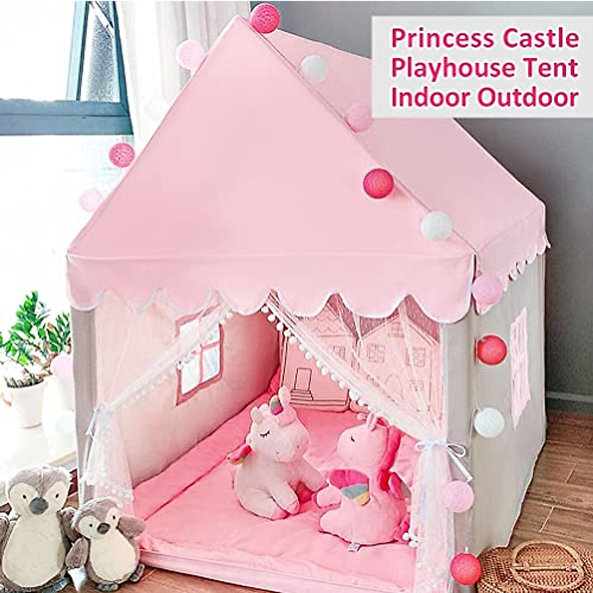 Kids Play Tent for Girls, Toddler Tent Princess Castle Pink Tent Large Playhouse Tent Indoor Fairy Tent with Star Lights
