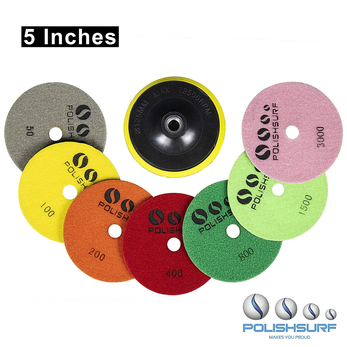 Diamond Polishing Pads 5 Inch Wet Dry Set 8 Pieces for Marble Quartz Stone Countertop Granite Concrete Polishing - by POLISHSURF