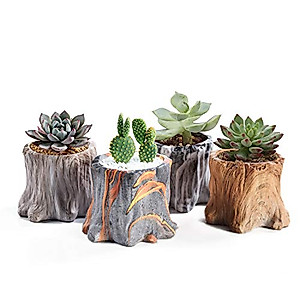 2CFUN Succulent Planter Pots Small Ceramic Flower Cactus Pots Set 4 Pack Tree Stump Succulent Pots with Drainage Bonsai Pots 4.33 Inch Gift for Home Decor Indoor Outdoor