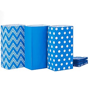 Hallmark Blue Party Favor and Wrapped Treat Bags, Assorted Designs (30 Ct., 10 Each of Chevron, White Dots, Solid) for Birthdays, Baby Showers, School Lunches, Hanukkah, Care Packages, May Day
