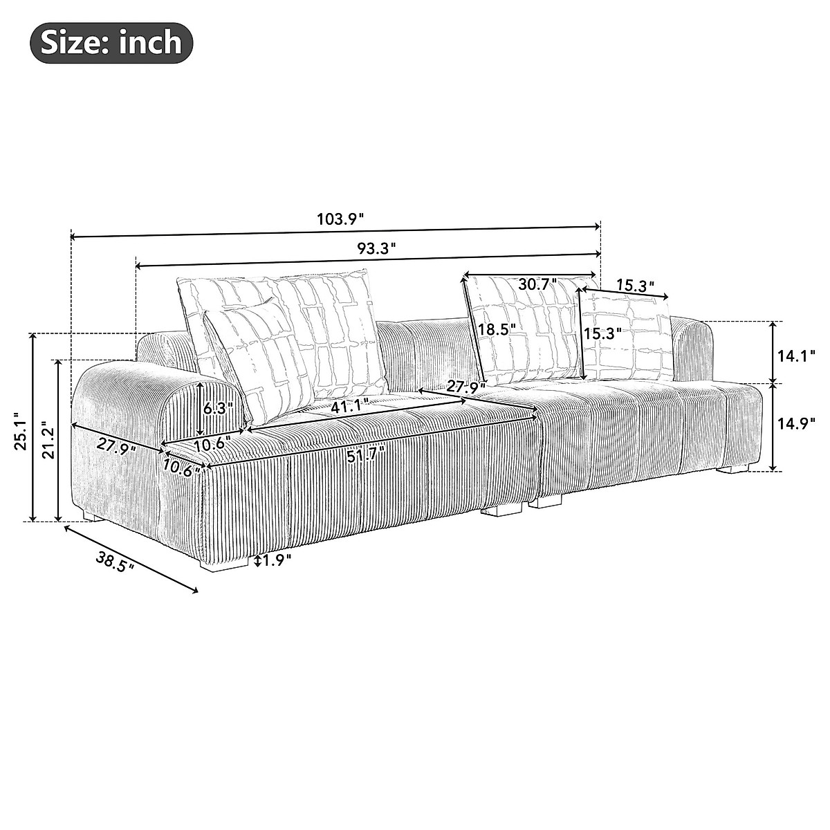 P PURLOVE Modern Couch for Living Room, Corduroy Comfy Sofa with Rubber Wood Legs and 4 Pillows, Sofa Couch for Office, Bedroom, Small Spaces, Apartment (Black)