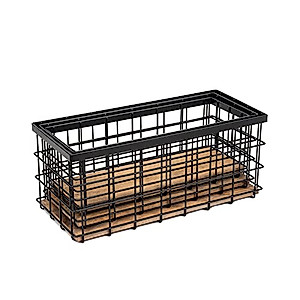 TIEYIPIN Farmhouse Decor Metal Wire Storage Baskets, Wood Base Containers Organizing Basket Caddy Bin for Kitchen Cabinets, Bathroom, Pantry, Garage, Laundry Room, Closets - Small - Black (Set of 3)