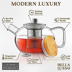 Glass Teapot with Infuser - Kettle for Loose Leaf & Blooming Tea - Stovetop & Microwave Safe Borosilicate Glass - 34oz Clear Pot with Removable Infusion - Premium Tea Maker with Gift Box & Bamboo Lid…