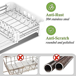 Kitchen Counter Dish Drainers Rack, Auto-Drain Expandable(13.2"-19.7") Stainless Steel Large Strainers Over Sink Drying Rack Drainboard with Utensil Holder Caddy Organizer, White