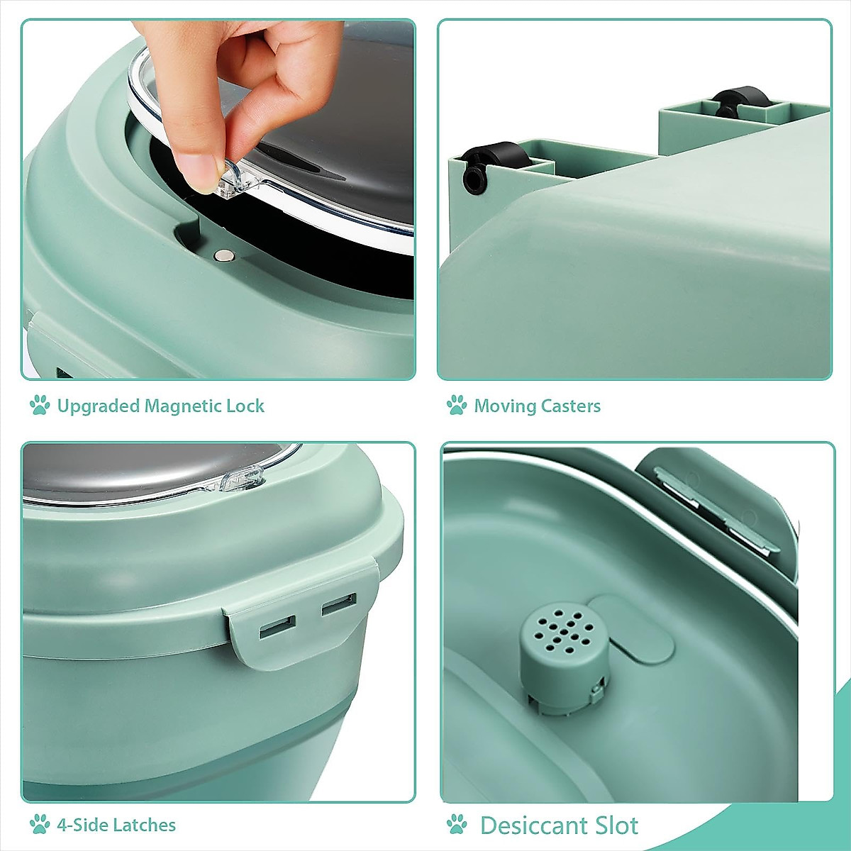 Letingoo Rice Storage Container, Foldable Airtight Food Storage Containers with Measuring Cup & Wheels, Dry Food Flour Sugar Storage Container (Green)