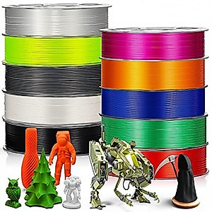 10 Pack 3D Printing Filament ABS 3D Printer Filament 1.75 mm 0.2 kg Each Spool 10 Colors Filament Pack with Nozzle and Cleaning Needle Compatible with 3D Printers, Solid and Translucent