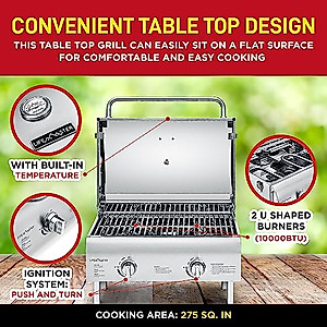 Portable Grill – Table Top Stainless Steel Propane Gas BBQ for Camping and Outdoor – 2 Burners –20,000 BTU Power - Folding Legs – Wind Proof Lid – Easy Clean – Silver - By Lifemaster