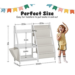 Kids Bookshelf and Toy Storage Organizer, 2 in 1 Montessori Toddler Book Shelf for Kids Rooms, Nursery Bookcase, Easy Assembly, Includes Extra Side Pockets 11.8" D x 33.4" W x 29.5" H (White)