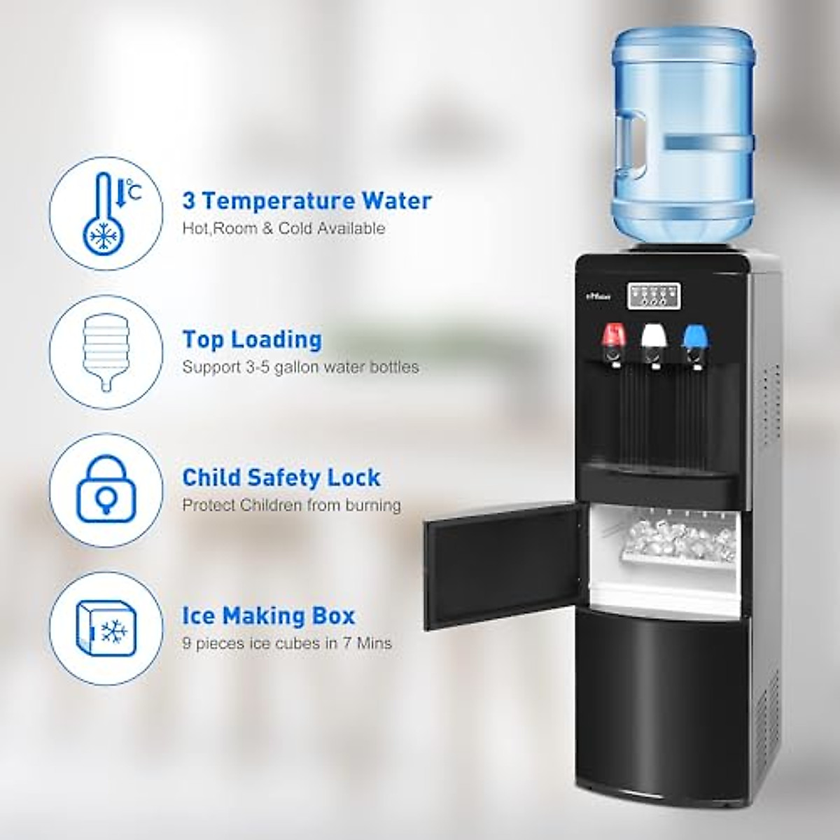 3 in 1 Water Dispenser with Built-in Ice Maker, Top Loading Water Cooler Dispenser for 3-5 Gallon Bottle with a Scoop, 3 Temps, Child Safety Lock, ETL Listed, Black
