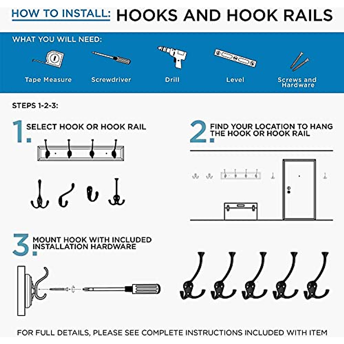 HARPOON 5 Pack Heavy Duty Three Flared Prongs Coat Hooks, Wall Mounted with 15 Screws, Retro Tri-Hook, Utility Hooks for Scarf, Bag, Towel, Key, Cap, Cup, Hat Black