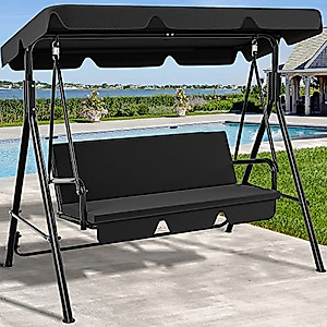 YITAHOME 3-Seat Porch Swing Outdoor Heavy Duty Patio Swing Chair with Stand Adjustable Canopy Soft Cushion for Garden, Patio, Lawn, Balcony and Deck, Black