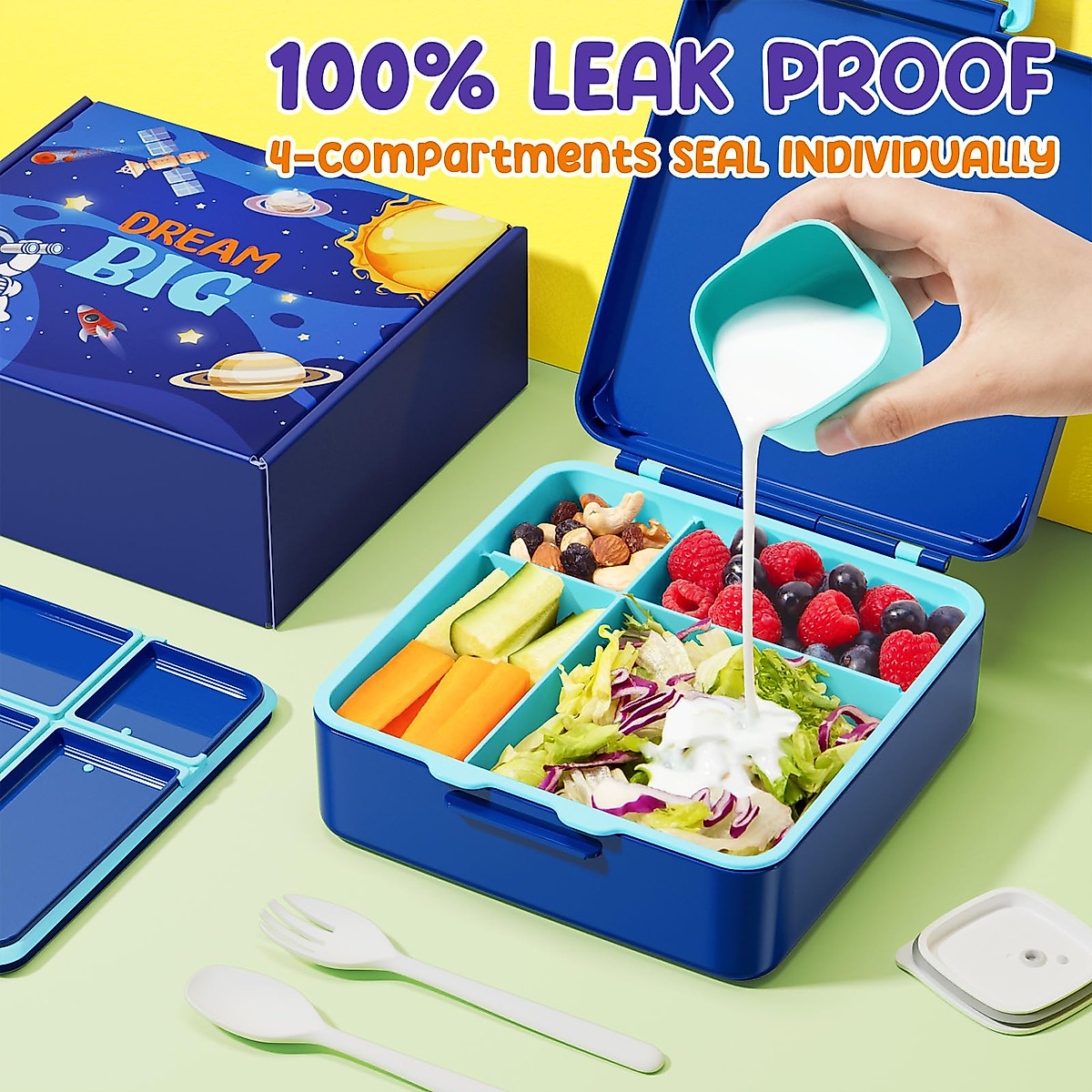 Fimibuke Bento Lunch Box for Kids, Leak Proof Toddler Bento Box with 4 Compartments BPA Free Dishwasher Safe Lunch Container with Utensils, Ideal Portion Sizes for Ages 3-12 Girls Boys for School