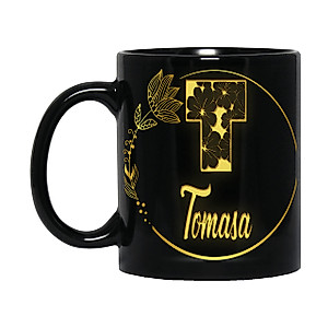 Coffee Mug Personalized Tomasa Name & Initial Letter Monogram Floral Alphabet Mug Golden Flowers Custom Black Coffee Cup, Gift for Her Mom Coworker Sister, Wife, Girl 11oz Black Mug 964179