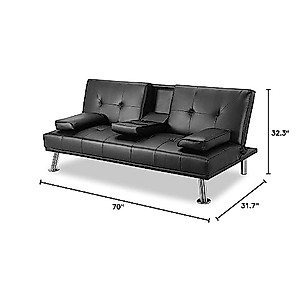 Futon Sofa Loveseat Convertible Sleeper Couch Bed for Living Room Apartment Small Space Furniture Sets with 2 Cup Holders Metal Legs,Removable Soft Pillow-Top Armrest, Black Sofa & Couch