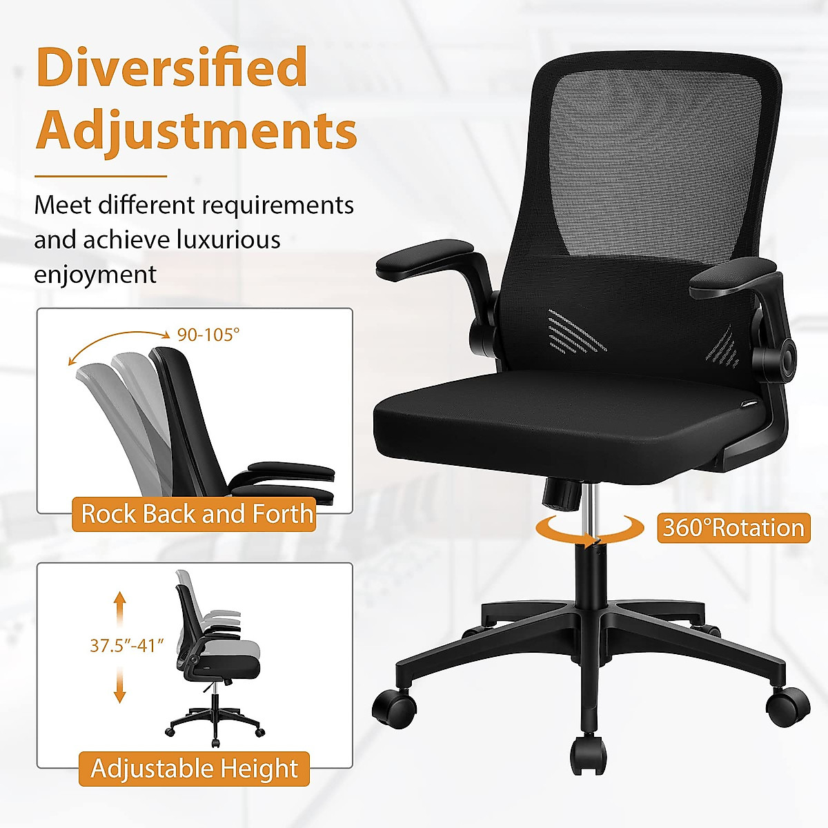 COSTWAY Ergonomic Office Chair with Foldable Backrest, Mid Back Mesh Office Chair w/Flip up Armrest, Swivel Rolling Executive Task Chair w/Lumbar Support, Ideal for Office, Meeting Room