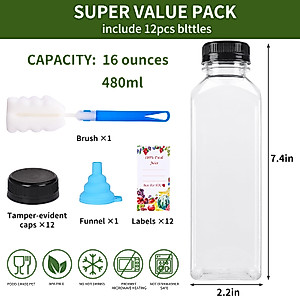 SUPERLELE 12pcs 16oz Juice Containers with Lids, Juice Bottles for Juicing, Juicer Bottles, 16oz Water Bottle, Juicing Bottles Reusable, Plastic Juice Bottles with Caps