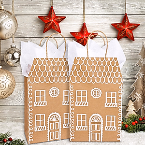 JarThenaAMCS 12Pcs House Shaped Gift Bags Winter Snow House Kraft Paper Bags with Tissue Paper Rustic Christmas Candy Treat Bags for Xmas Holiday Housewarming Estate Agent Gifts