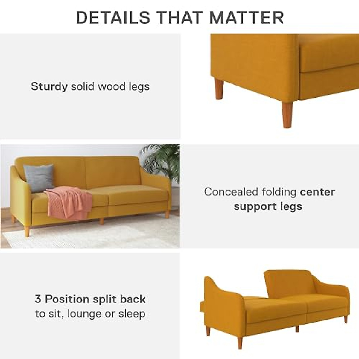 DHP Jasper 77 Inch Futon Sofa Bed, Modern Upholstered Couch Sleeper with Sloped Arms, Mustard