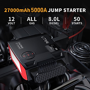Car Jump Starter with Air Compressor, UTRAI Portable Car Battery Jump Starter 5000A Peak 12V Car Battery up to Jump Box All Gas/ 8.0L Diesel with Tire Inflator, DC 160W Jump Start Battery Pack