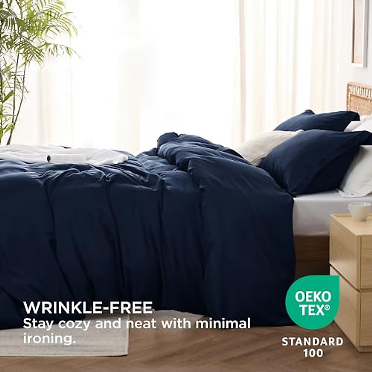 Bedsure Navy Duvet Cover Queen Size - Polyester & Rayon Derived from Bamboo Cooling Duvet Cover Set (90" x 90"), 3 Pieces with 2 Pillow Shams, Comforter Not Included