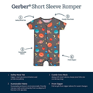 Gerber Unisex Baby Buttery Soft Short Sleeve Romper with Viscose Made from Eucalyptus, Space, 12 Months