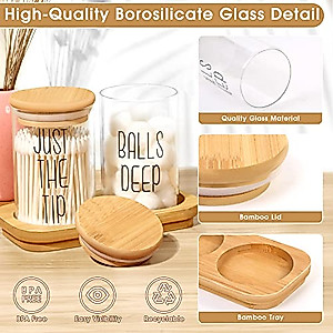 Funny Qtip Holder Dispenser 2 Pack Glass Apothecary Jars Bathroom Canisters with Tray, Cotton Ball Qtip Holder Bathroom Set with Bamboo Lids for Cotton Swab Farmhouse Bathroom Storage Organization