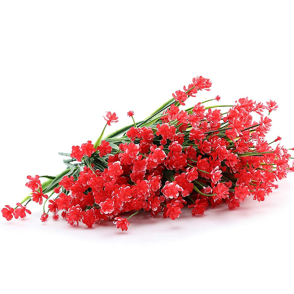 TEMCHY Artificial Outdoor Flowers, 8 Bundles Fake UV Resistant Foliage Greenery Faux Plants Shrubs Plastic Bushes for Indoor Outside Hanging Planter Wedding Farmhouse Decor (Red)