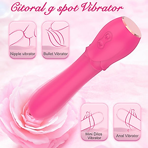 Clitoral G Spot Vibrator with 10 Vibration Modes, Powerful Soft Silicone Dildo Massager Vibrators for Anal Stimulation, Rose Sex Toys for Women