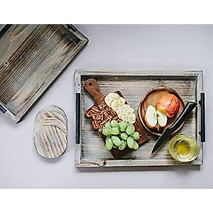 Decorative Ottoman Serving Tray Wooden Rustic (Set of 2) | Black Sleek Metal Handles | 4 Matching Coasters | Coffee Table Decor | Serving Kitchen Platter | Summit Living | For All Occasions