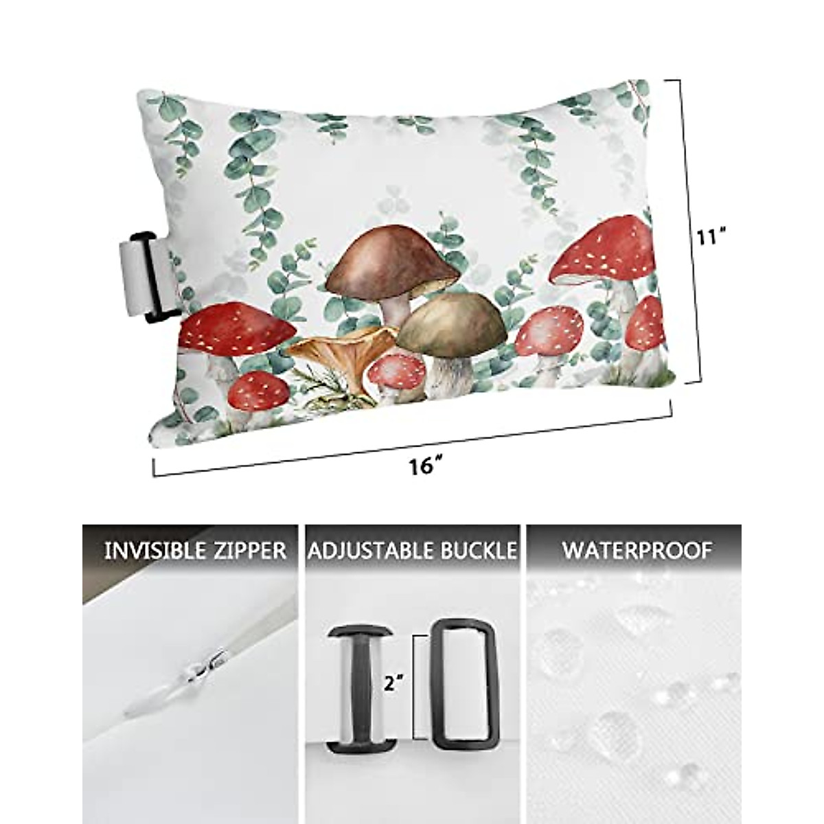 Recliner Head Pillow Ledge Loungers Chair Pillows with Insert Farmhouse Eucalyptus Leaves and Red Mushroom Lumbar Pillow with Adjustable Strap Outdoor Waterproof Patio Pillows for Beach Pool, 2 PCS