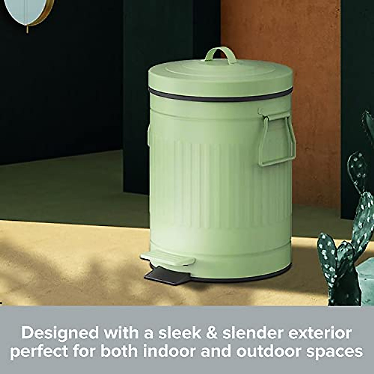 Retro Trash Can with Lid - 5L/1.3 Gal Step Trash Can w/ Soft Closing Lid - Round Garbage Can w/ Handles - Touchless Trash Can w/ Removable Garbage Guard Bucket - Outdoor Garbage Bin - Small Trash Can, Green