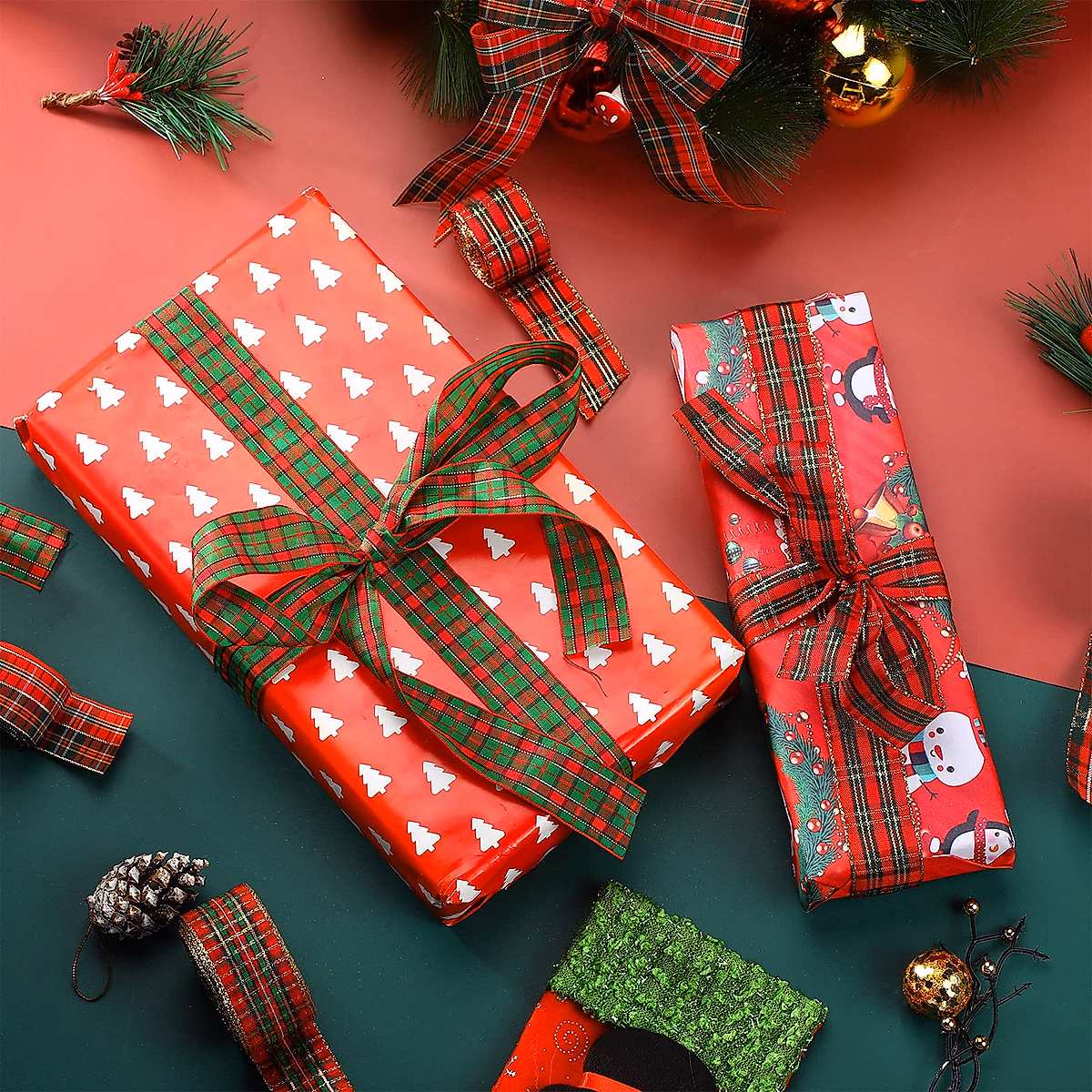 Tatuo 5 Rolls 30 Yards Christmas Red Plaid Ribbon Gingham Check Wired Edge Wrapping Ribbon Tartan Decor for Christmas DIY Crafts Present Wrapping Gift Home Decorations Bows(1 Inch Wide)