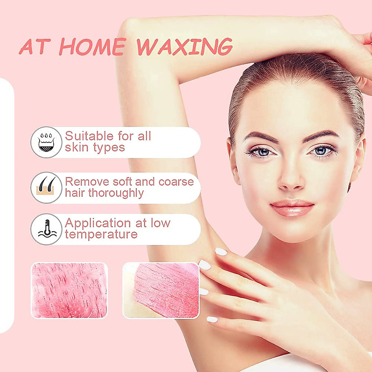 Auperwel Painless Hard Wax Beans for Hair Removal, 10.5oz Upgraded Formula for Face, Eyebrow, Brazilian Bikini with 10 Applicators (3 Rose)