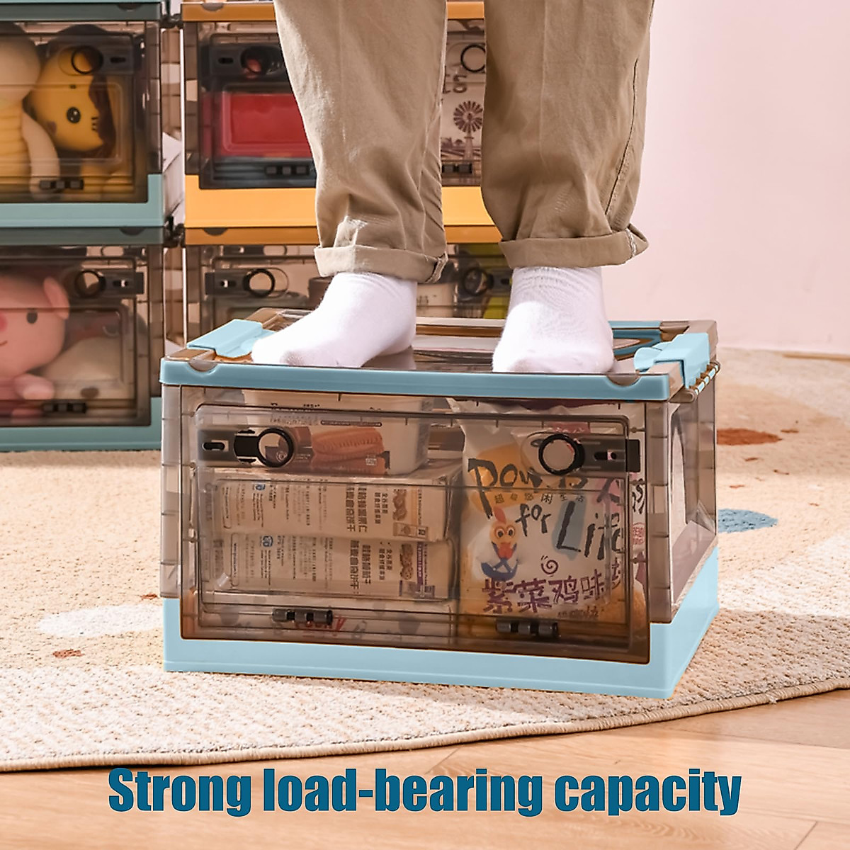 WMM Storage Bins with Lids 12Gal, Stackable Medium Storage Box, Dual Door Closet Storage Box, Foldable Storage Box for Homes and Dormitories(1Pack Blue)