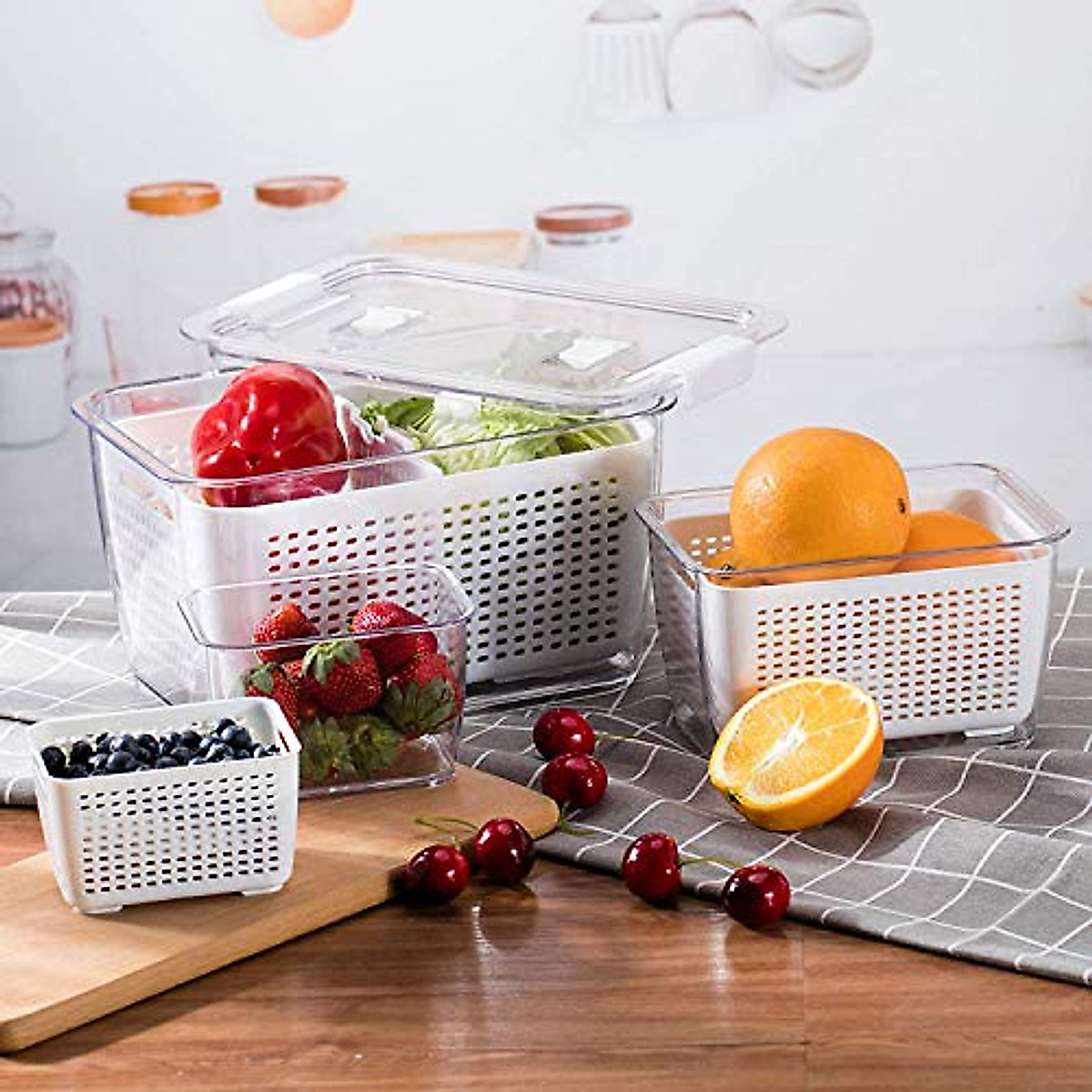 LUXEAR Vegetable Containers for Fridge Produce Saver Container Fruit Storage Organizer 3 Pack BPA-Free Fridge Organize Containerswith Lid & Colander for Salad Lettuce Berry Storage Stay Fresh