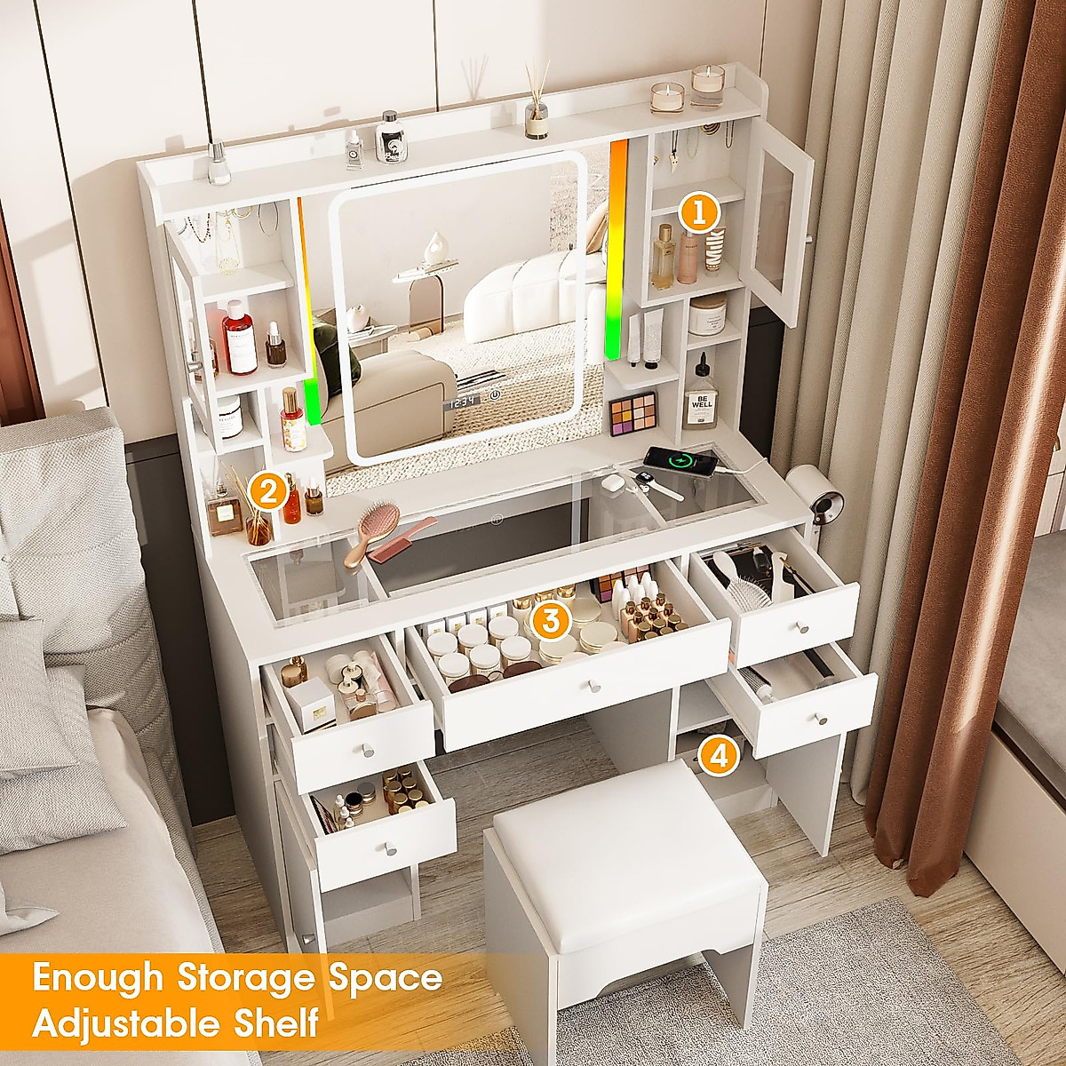 White Vanity Desk with LED Mirror,Makeup Vanity with Charging Station & RGB Lights,5 Drawers 4 Shelves Makeup Desk Vanity Table Stool Set with Glass Table Top & Time Display Lights, White