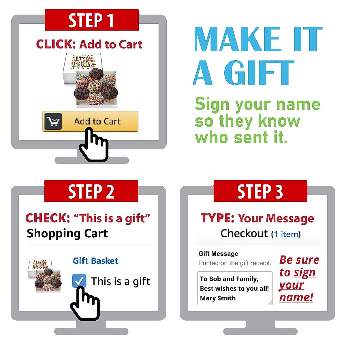 Happy Birthday Cupcakes Large Gift Basket Rainbow Sprinkle Chocolate Sprinkle | 7 INDIVIDUALLY WRAPPED Fresh Cupcakes | Party Food Gift