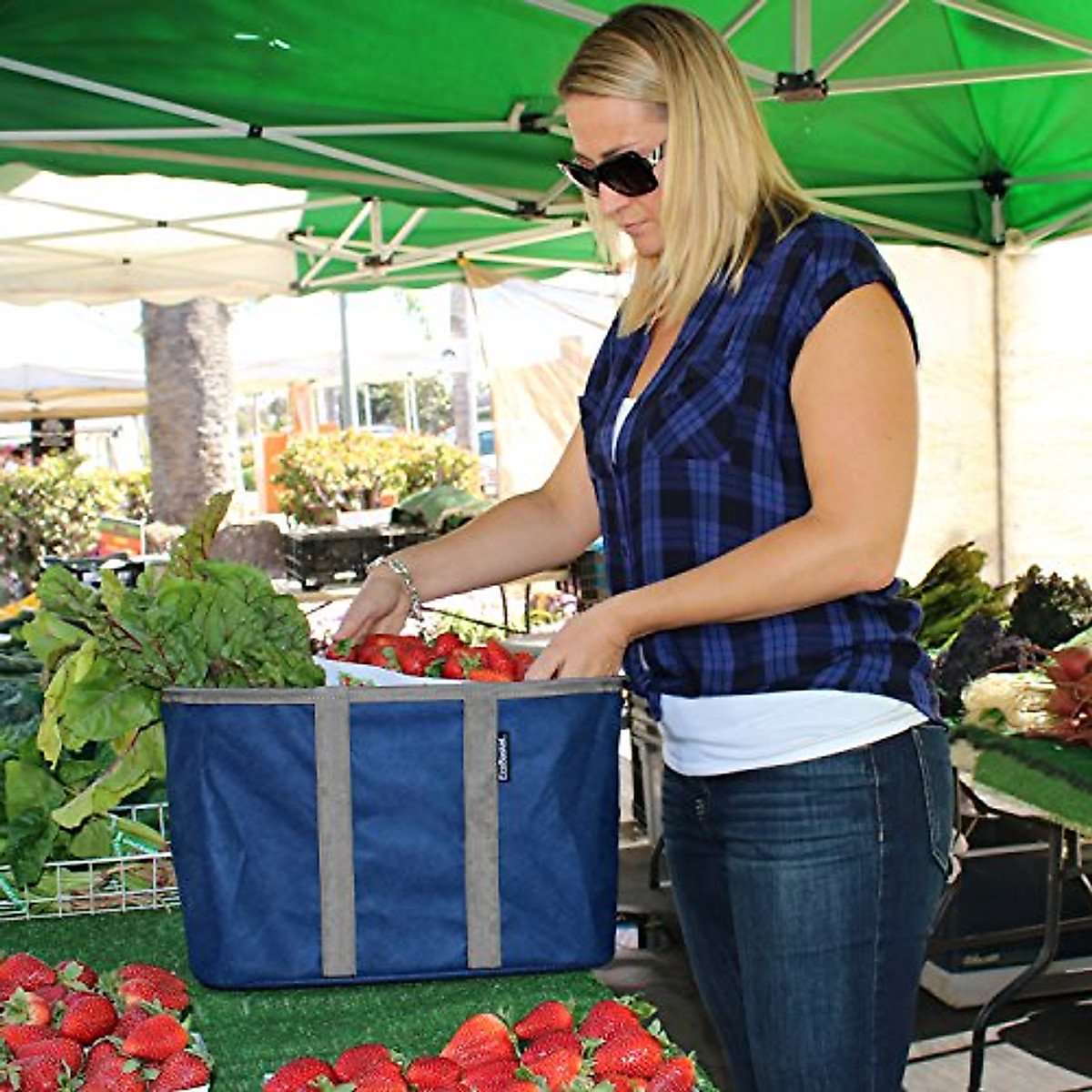 CleverMade EcoBasket 30 Liter Reusable Tote Bag with Reinforced Bottom: Collapsible Grocery Shopping Basket, Blue/Grey, 3 Pack