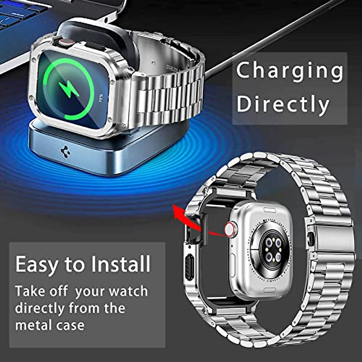 MioHHR Stainless Steel Band and Case Compatible with Apple Watch Band 44mm, Men Rugged Metal Strap and Protective Bumper Cover for iWatch Series SE 6 5 4 (Sliver,44mm)