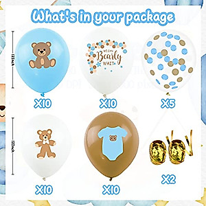 45Pcs Blue Bear Baby Shower Party Balloons, 12" Latex Printed We Can Bearly Wait Brown Creamy Bear Balloon Decor for It's A Boy Gender Reveal Kid Birthday Wedding Photo Prop Party Decorations Supplies