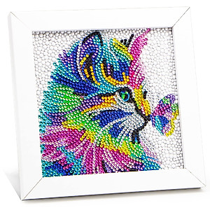 AyuqEjus 5D Diamond Painting Kits for Kids with 7.1"X7.1"Wooden Frame, Diamond Art for Kids Ages 6-12 by Number Kits DIY Painting Arts and Crafts,Diamond Dots for Kids Gift (cat-Butterfly)