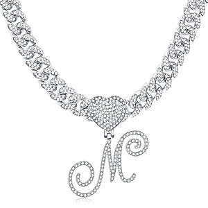 RLMOON Cursive Silver Initial Necklace for Women Miami Iced Out Cuban Chain Choker Necklace Diamond Initial Heart Pendant Letter Necklace Alphabet Hip Hop Jewelry M