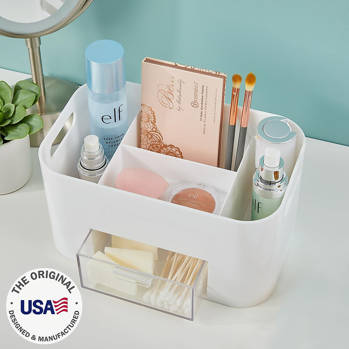 STORi Bliss White Makeup Organizer for Countertop, Divided Bathroom Organizer & Storage Drawer, Makeup Brush Holder, Cosmetic & Nail Polish Organizer, Made in USA