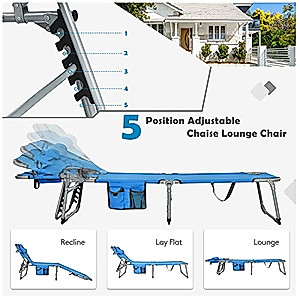 Goplus Tanning Chair, Folding Beach Lounge Chair with Face &Arm Hole, 5-Position Adjustable,Removable Pillow,Side Pocket, Sunbathing Chair, Portable Outdoor Lounge Chair for Patio Pool Lawn (1, Navy)