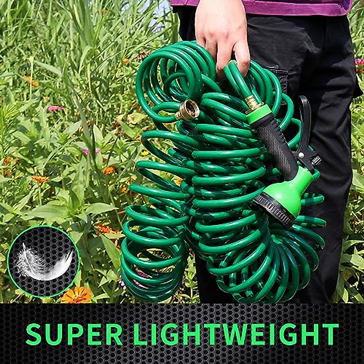 HooSeen EVA Recoil Garden Hose 25ft,Coil Garden Hose with 10 Patterns Hose Nozzle,Flexible Water Hose with Solid Brass Connector for Outdoor, Boat,Lightweight and Kink Free (25FT, Green)