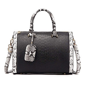 Mn&Sue Women Satchel Crocodile Cobra Pattern Top Handle Purse Cross Body Doctor Handbag (Black-)