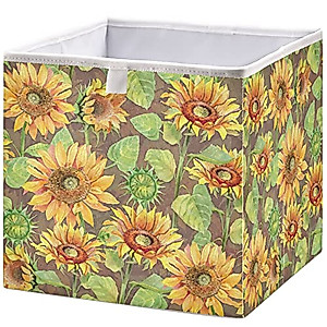 visesunny Closet Baskets Sunflower with Leaf Vintage Style Storage Bins Fabric Baskets for Organizing Shelves Foldable Storage Cube Bins for Clothes, Toys, Baby Toiletry, Office Supply